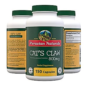 Peruvian Naturals Cat's Claw 150 Capsules – Uña de Gato 800 milligrams of Vegan, 100% Natural Cats Claw Bark Grown in Peru | Corteza UNA de Gato
