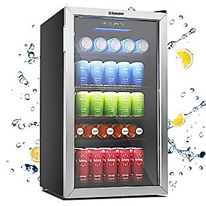 EUHOMY Beverage Refrigerator and Cooler, 110 Can Mini fridge with Glass Door, Small Refrigerator with Adjustable Shelves for Soda Beer or Wine, Perfect for Home/Bar/Office (Slive).