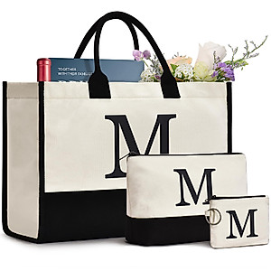GASSDA Initial Canvas Tote Bag, Birthday Gifts For Women, Monogram Personalized Gifts For Women Mom Teachers Bridesmaids (M 3PCS)