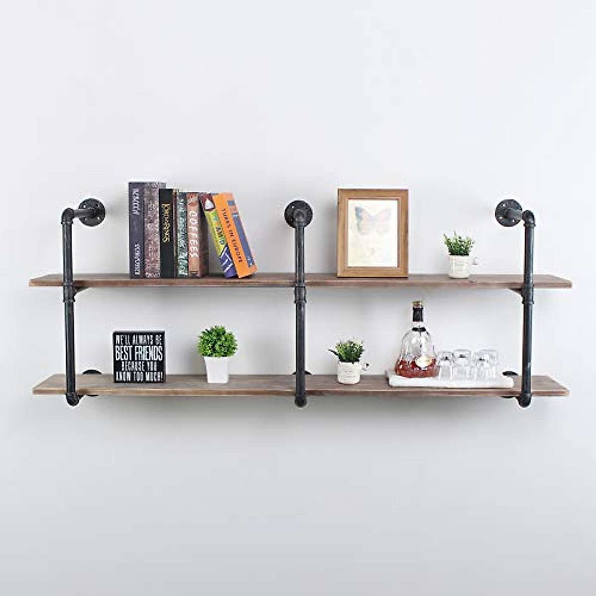 Industrial Pipe Floating Shelves,2 Tiers Wall Mount Bookshelf,63in Rustic Wall Shelves,DIY Storage Shelving Wall Shelf,Rustic Wall Shelving Unit,Wall Book Shelf for Home Organizer,Black Brushed Silver