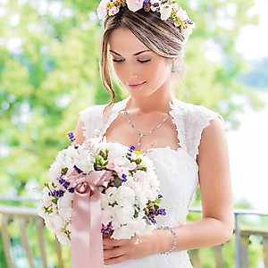 Juicfru Wedding Silver Jewelry Set for Women Cubic Zirconia Necklace Earrings Bracelet Sets for Bride Wedding Costume Jewelry for Bridesmaid