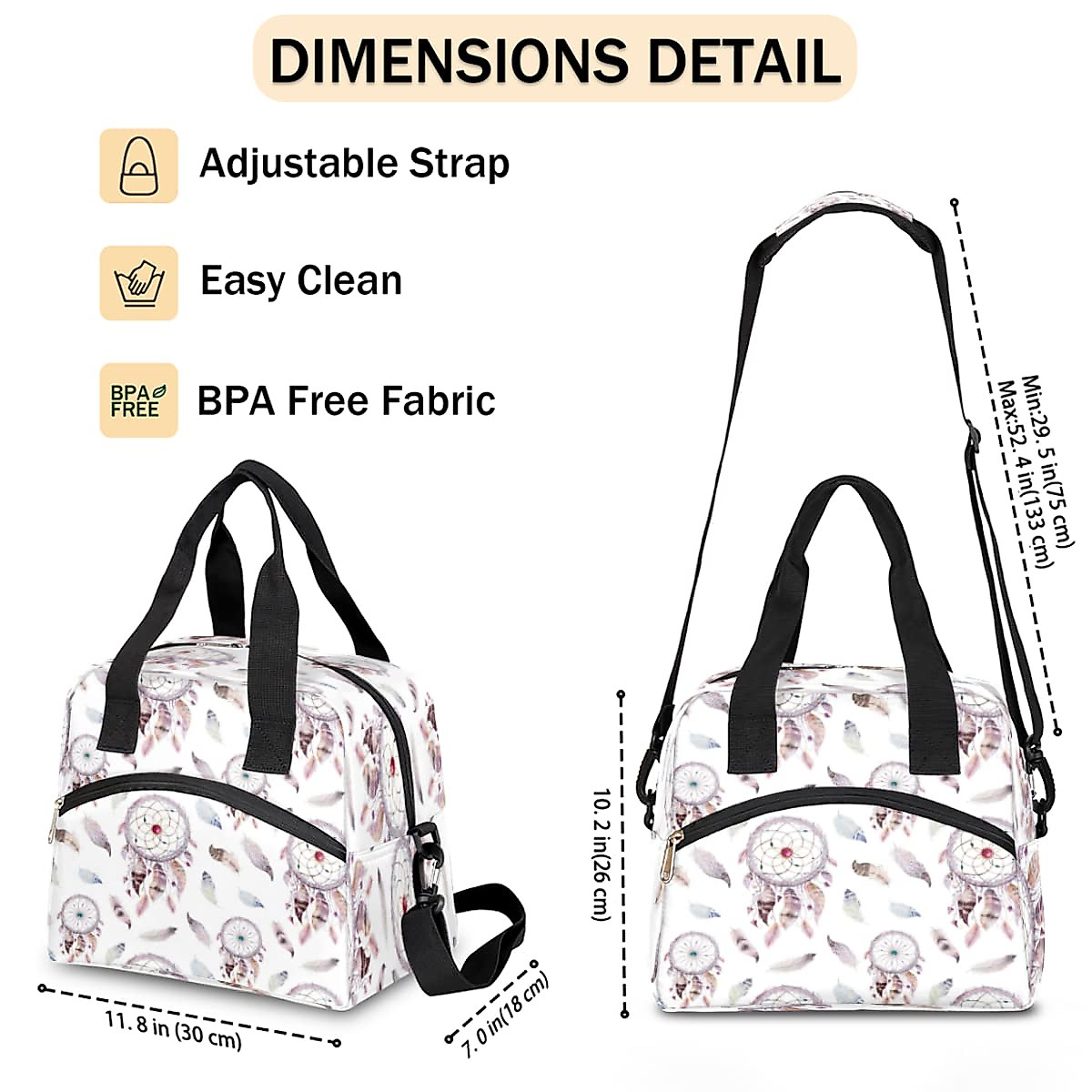 KOBLEN Dreamcatcher Feather Insulated Lunch Bag for Women Men Reusable Lunch Box Cooler Tote Shoulder Bag Lunch Container for Adult Office Work Picnic Travel Outdoor