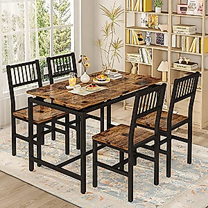 Lamerge Kitchen Table and Chairs Set, Industrial 5 Piece Dining Table Set Wooden Table and 4 Chairs with Backrest, 4 People Dining Table Set for Dining Room, Living Room, Restaurant- Rustic Brown