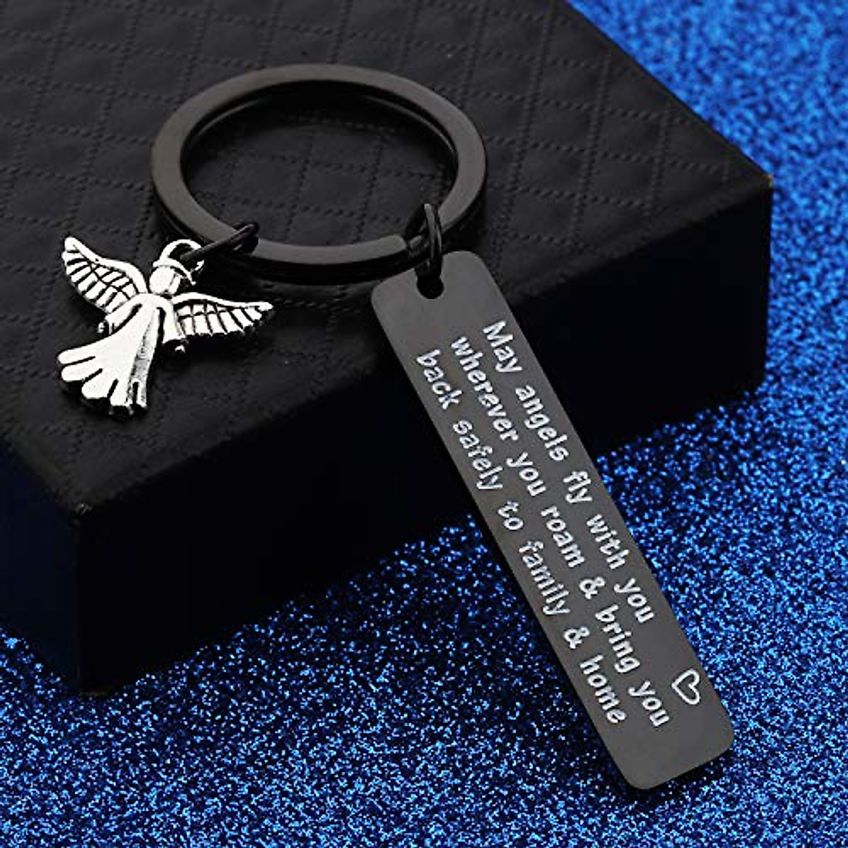 WUSUANED Traveller Keychain Gift May Angels Fly With You Wherever You Roam Bring You Back Safely To Family And Home (angels fly with you keychain black)