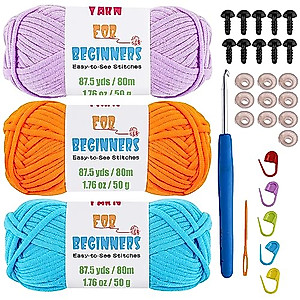 Crochet and Knitting Yarn for Beginners 3x1.76oz Yarn for Crocheting with Easy-to-See Stitches Chunky Cotton-Nylon Blend Easy Yarn Kit for Beginner Crocheting Set 262 Yards, Purple&Orange&Blue