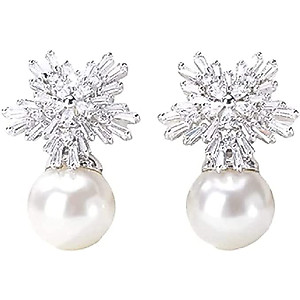 Silver Zirconia Earrings with White Pearl Style Stone - Soho Jewelry - Accessory for Women - Includes Gift Box