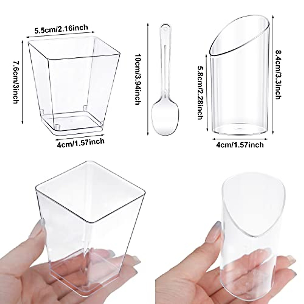 300 Pack Mini Dessert Cups with Spoons Clear Plastic Parfait Appetizer Cup Slanted Round Cup for Desserts Heart Square Clear Parfait Cups for Tasting Party Shooters Desserts (Round, Square, 3oz, 5oz)
