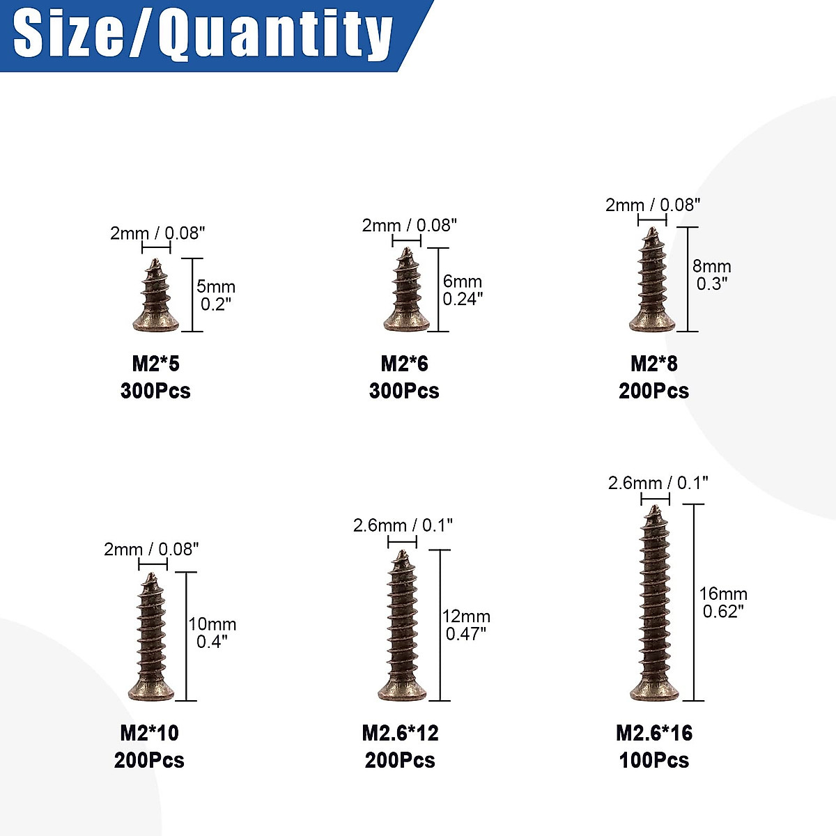 Glarks 1300Pcs 5mm 6mm 7mm 8mm 10mm Small Tiny Nails Wood Screws Set Bronze Self Drilling Flat Cross Head Screws Assortment Kit for Home Furniture Decor (Bronze)