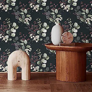 BEETAL Green Leaf Floral Pink White Peel and Stick Wallpaper Black Esay Peel Off Contact Paper Vintage Self Adhesive Removable Stick on Wall Paper for Kitchen Cabinet Furniture Renter Friendly