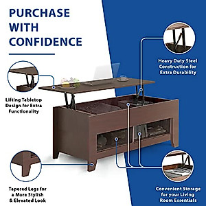 Lifetime Home Upgraded Lift Top Coffee Table with Hidden Compartment and Storage Shelf - Living Room Dining Table with Rising Tabletop Lifttop Desk for Apartment, Home, Condo - Espresso