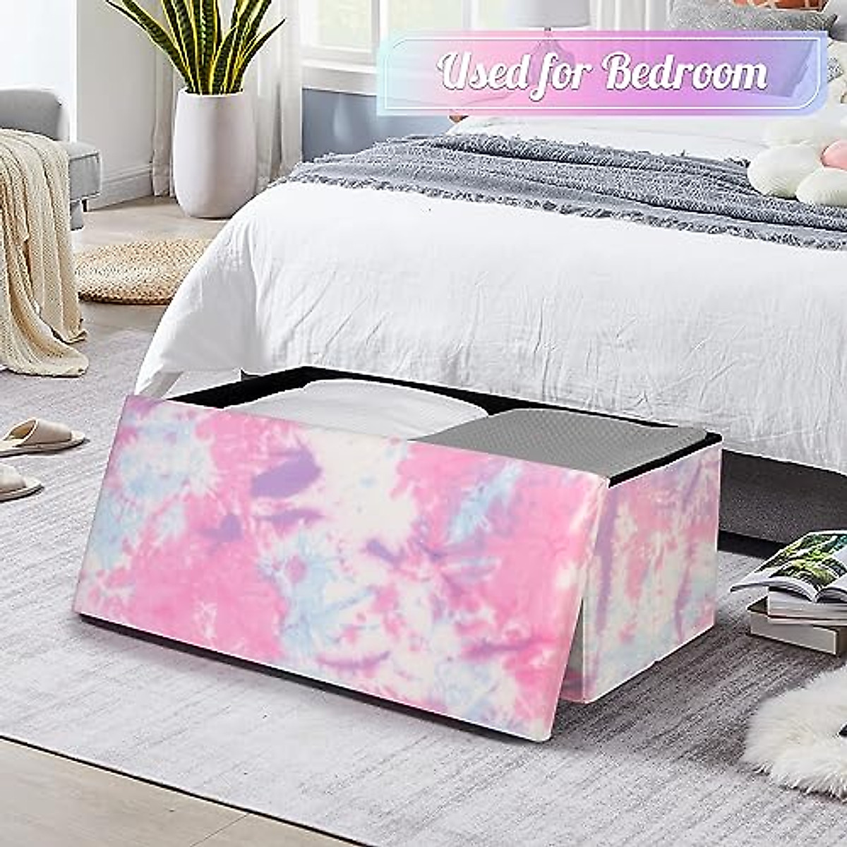 STORAGEPLUS 30 Inches Large Storage Ottoman Bench for Bedroom, Soft Cotton Fabric Tie Dye Foot Rest Stool with Premium Sponge Padded, Folding Ottoman Coffee Table with Storage for Living Room