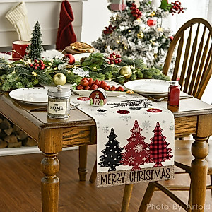 Artoid Mode Red Pine Trees Merry Christmas Table Runner, Winter Xmas Holiday Kitchen Dining Table Decoration for Home Party Decor 13x72 Inch