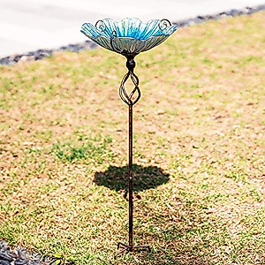 MUMTOP 31 Inch Height Glass Birdbath Birdfeeder with Metal Stake Garden Yard Outdoor Blue