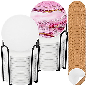 24 Pack Ceramic Tiles for Crafts with 2 Holders, White Unglazed Blank Ceramic Costers with Self-Adhesive Cork Backing Pads for Acrylic Pouring, Painting, Make Your Own DIY Coasters (Round)