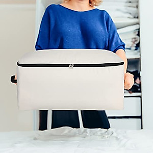 4 Pcs Large Canvas Storage Bag Thick Blanket Storage Bags Soft Breathable Closet Organizer with 3 Side Zipper Open and Handles for Comforter Wardrobe Garment Dress Closet, Beige, 23.6 x 18.9 x 11 Inch