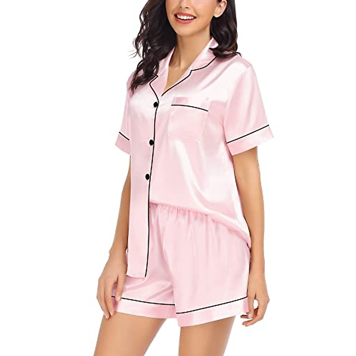 SWOMOG Womens 3 Piece Silk Satin Pajamas Short Sleeve Pjs Sets Shorts and Capri Bottom Pajama Pants Loose Outfit Sleepwear Pink