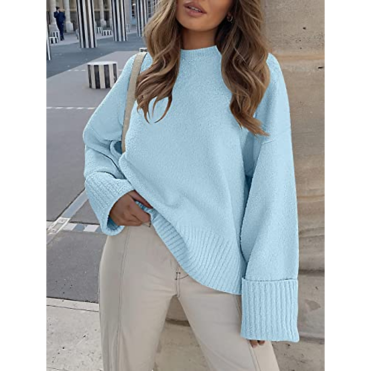 ANRABESS Women's Oversized Crewneck Long Sleeve Fuzzy Knit Casual Chunky Warm 2025 Fall Pullover Sweaters Top Trendy Outfits Blue X-Large