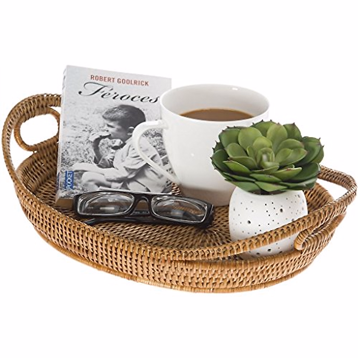 KOUBOO La Jolla Oval Rattan Tray with Looped Handles, Honey Brown, Small