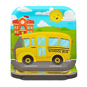 Blue Orchards School Bus Party Plates and Napkins (60 pieces for 20 Guests) - School Bus Party Supplies, School Bus Birthday Plates and Napkins, School Graduation Decorations