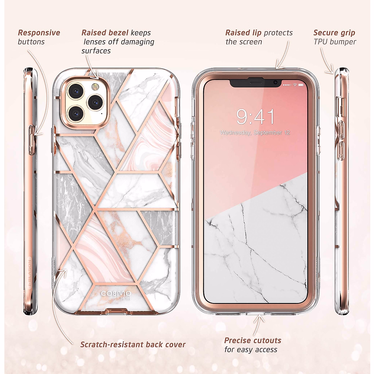 i-Blason Cosmo Series Case for iPhone 11 Pro Max 2019 Release, Slim Full-Body Stylish Protective Case with Built-in Screen Protector (Marble)