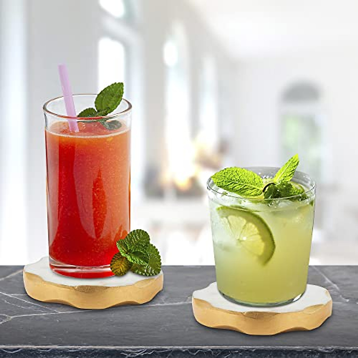 James Scott Marble Coasters - Set of 4 Round Natural Coasters with Gold Edges - Beautiful Gift