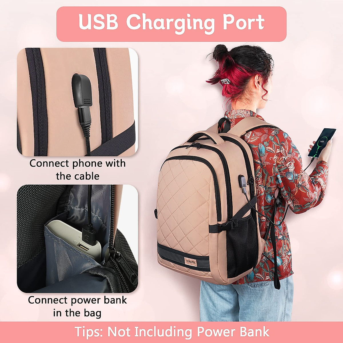 Large Travel Backpack for Women 52L, 17 Inch Laptop Backpacks with USB Charging Port, Stylish School Backpack for Girls, Computer Back Pack for Work Business College Student Teacher Nurse, Pink