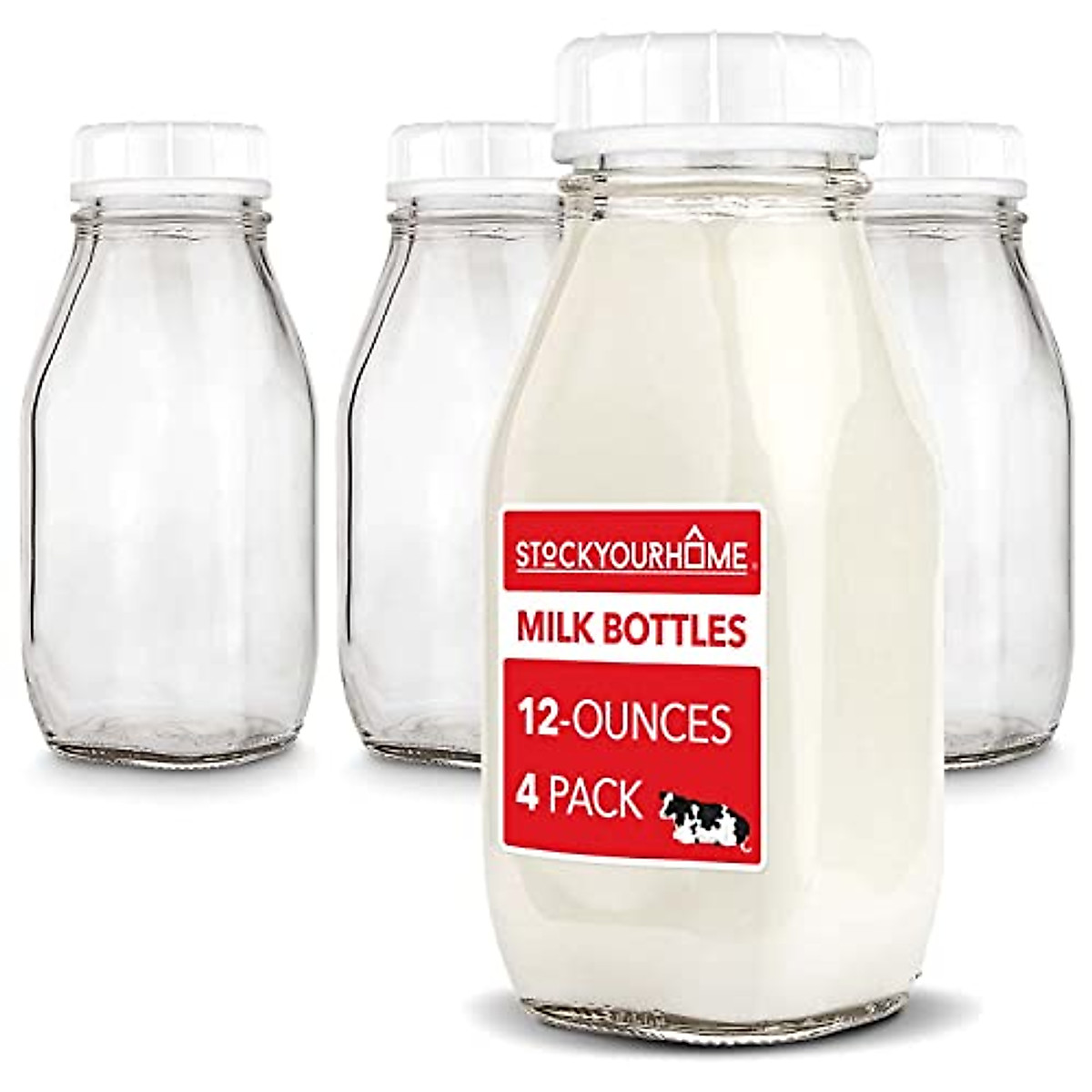 Stock Your Home 12 oz Glass Bottles (4 Pack) - Reusable Food Grade Bottles with Tamper Proof Caps - Multipurpose Juice Containers for Cold Beverages