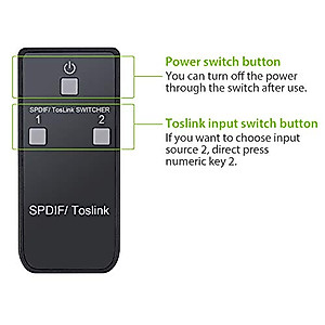 LiNKFOR 2x1 Digital Optical Audio Switch with IR Remote Control Digital Audio SPDIF Toslink Optical Fiber Switcher 2 in 1 Out Aluminum Alloy with 6ft Optical Cable for PS3 Xbox Blue-Ray DVD HDTV