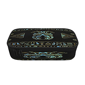Egyptian Cats Hieroglyphs Gold Blue Large-Capacity Pencil Case Storage Bag Desk Storage Box Double Zipper Pencil Case Multifunctional Ladies Cosmetic Bag