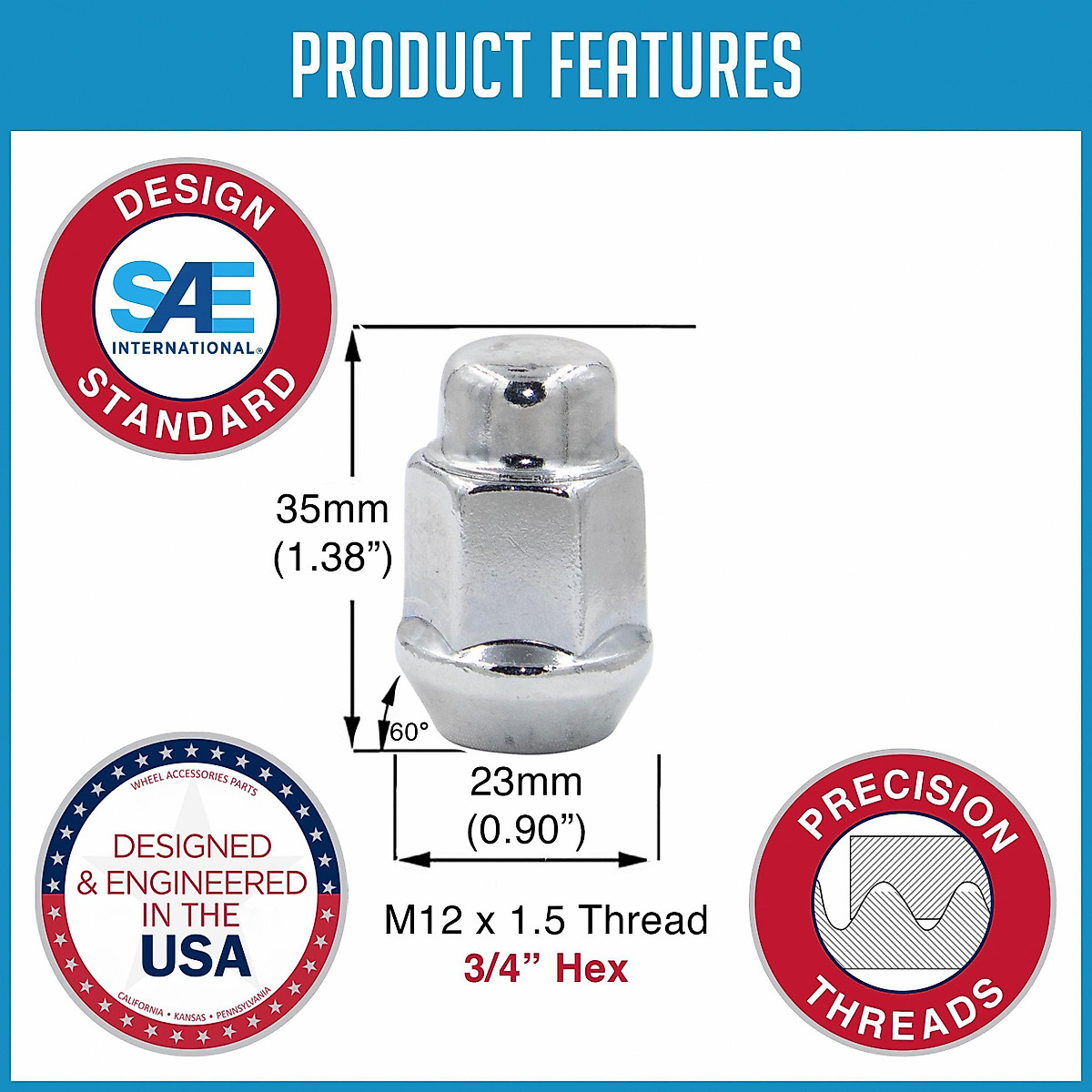 Wheel Accessories Parts 20 Pcs M12 x 1.5 12 x 1.5 Thread Bulge Acorn 35mm 1.38" Long Lug Nuts Chrome 3/4" 19mm Hex Fits Many Chevy Honda Passenger Cars | Toyota Pass Cars with Aftermarket Wheels