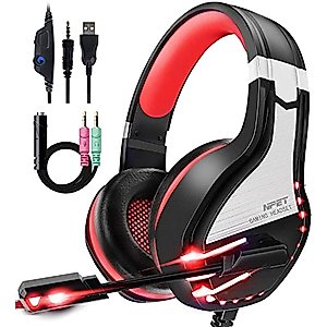 NPET HS10 Stereo Gaming Headset for PS4 PC Xbox One PS5 Controller, Noise Cancelling Over Ear Headphones with Mic,LED Light, Bass Surround, Soft Memory Earmuffs for Laptop Mac Nintendo NES Games Red