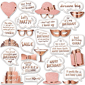 Premium Birthday Photo Booth Props Kit, 27 White & Rose Gold Party Decorations (No Glitter), Durable & Easy-to-Use Photobooth Props Signs for Memorable Photos & Unforgettable Celebrations by PixiPy