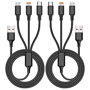 Multi Phone Charger 3 in 1 Charging Cable 3 Way Charger Cord Multi Port USB Cable Lightning/Type C/Micro USB for iPhone/Android/Tablet/Samsung Galaxy/iPad/Cell Phone and Multiple Devices (2 Pack 4FT)