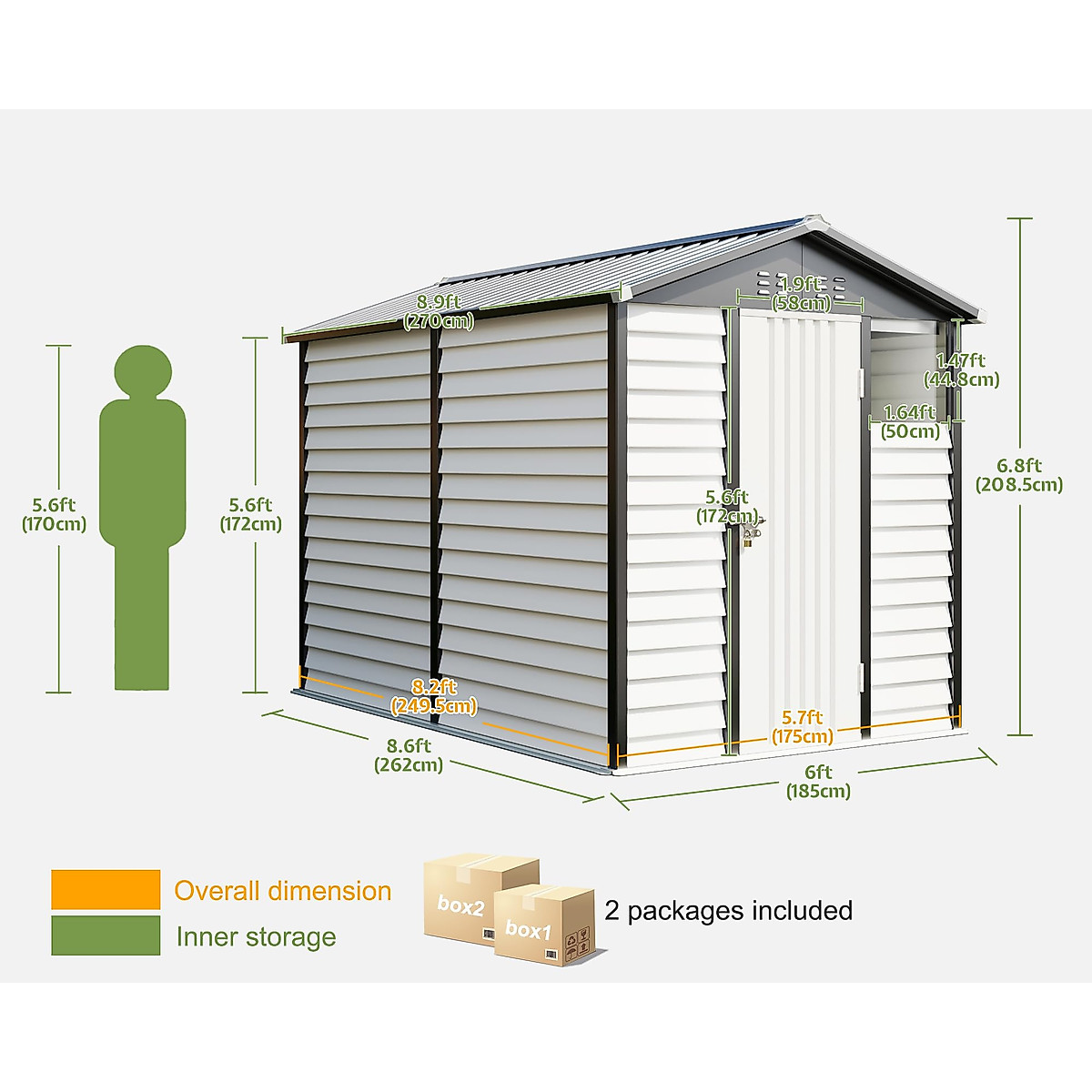 VanAcc 6.5x9x7 FT Outdoor Storage Shed with Shutter Design, Metal Garden Shed with Lockable Doors and Vents, Tool Storage Shed for Backyard, Patio, Lawn, White & Charcoal Gray