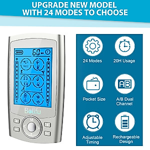 Belifu Dual Channel TENS EMS Unit 24 Modes Muscle Stimulator for Pain Relief Therapy, Electronic Pulse Massager Muscle Massager with 10 Pads, Dust-Proof Drawstring Storage Bag, Fastening Cable Ties