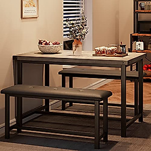 Alkmaar Farmhouse Dining 4 Kitchen Table Set with 2 Benches, Retro Gray