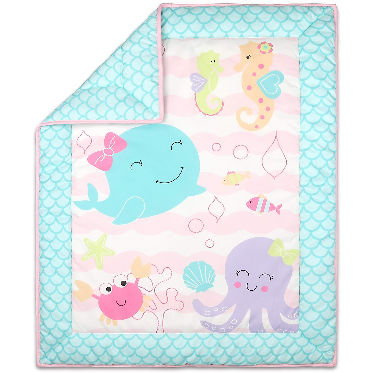 The Peanutshell Sea Sweeties Pink and Blue Crib Bedding Sets for Baby Girls | 4 Piece Nursery Set | Crib Comforter, Fitted Crib Sheet, Crib Skirt with Plush Whale