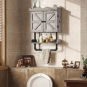 GREENSTELL Bathroom Wall Cabinet with Adjustable Shelf and 2 Hooks, 25.6''x16.1'' Double Doors Medicine Cabinet Wall Mounted with Hanging Bar, Light Solid Wood Storage Cabinet Kitchen, Grey