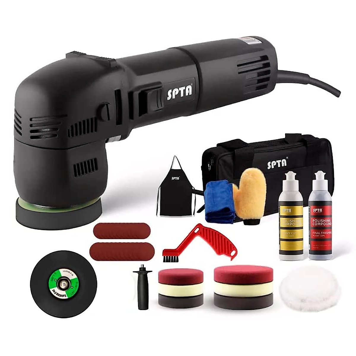 Mini Polisher, Mini Buffer, Small Buffer Polisher, SPTA Mini Oribtal Polisher 3 Inch 10mm/780W Variable Speed Orbit Dual Action Polisher With Polishing Pads+Sanding Discs+Pad Conditioning Brush