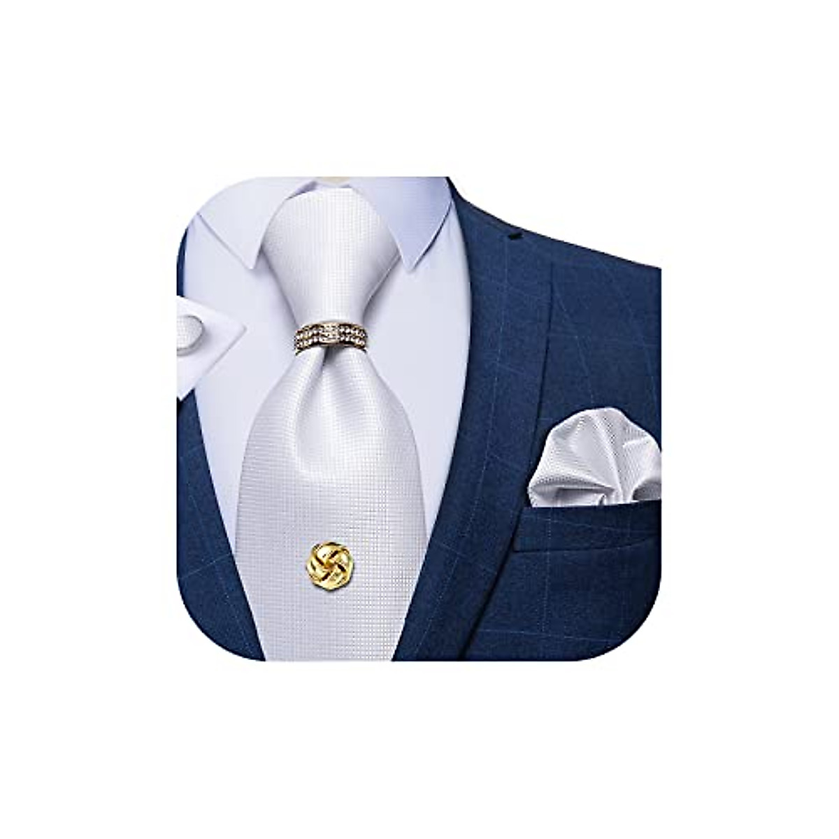 DiBanGu Tie Set for Men Solid Color Necktie, Gold Tie Tack, Gold Tie Ring, Pocket Square, Cufflinks Formal Mens Silk Tie, White