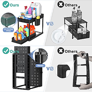 2 Pack Under Sink Organizers and Storage, 2 Tier Black Bathroom Cabinet Organizer with 4-Height Adjustable Telescopic Tube,4 Removable Dividers,4 Hooks,1 Cup,Bathroom Under Sink Organizer for Home