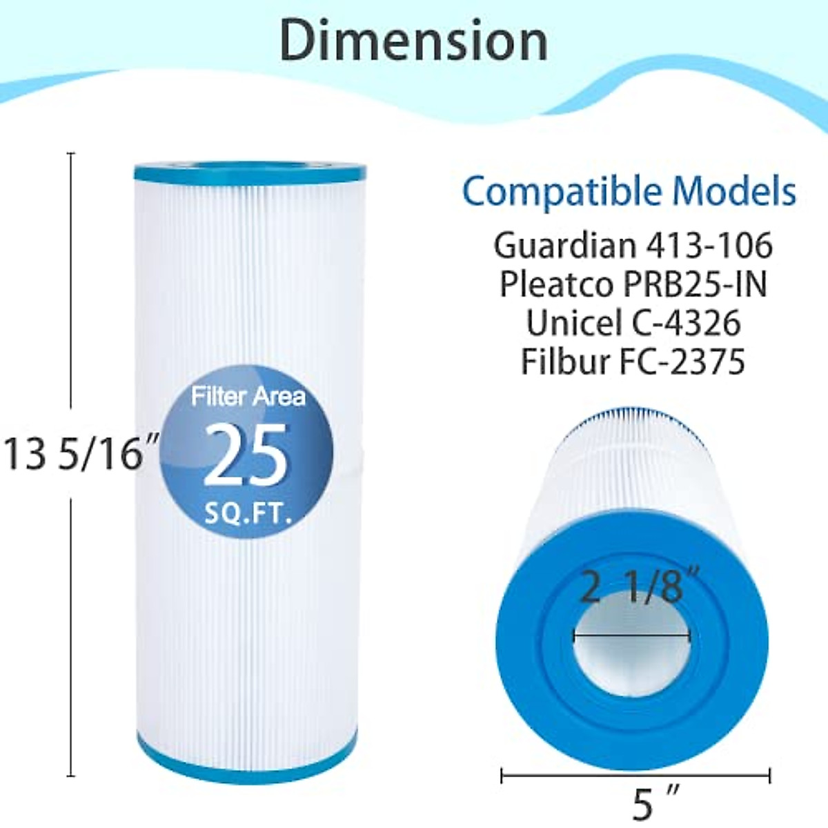 Future Way PRB25-IN Hot Tub Filter Compatible with Pleatco, Guardian 413-106, Unicel C-4326/C-4950, Filbur FC-2375 Spa Filter, 25 sq.ft, 2-Pack