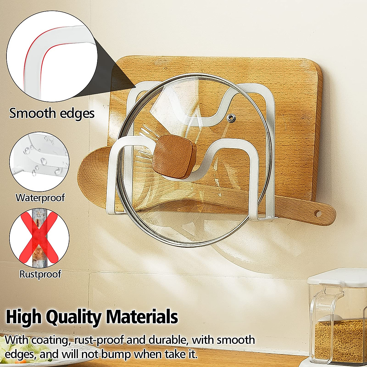 Poeland Wall Mounted Pot Lid Holder, Cutting Board Storage Organizer, Door Mounted Pan Cover Racks for Pot, Chopping Board, White