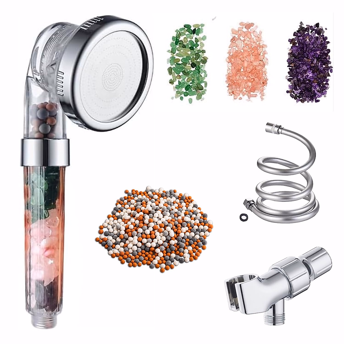 MineralStream Chakra Showerhead Kit with Replacement Beads + Natural Therapeutic Crystals + Shower Arm Diverter + 1.5m Hose | For Luxurious Spa like Experince
