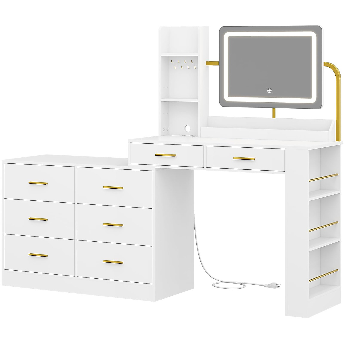 Hasuit Large Vanity Desk with Mirror and Lights,68.9'' Long Makeup Dressing Vanity Table with Charging Station, 8 Drawers, Vanity Mirror 3 Lighting Modes Adjustable, White