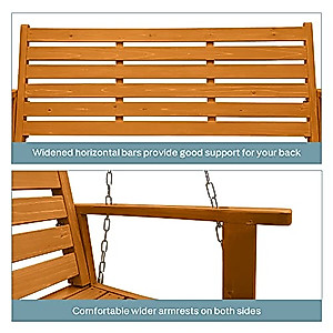 Wooden Porch Swing, Ergonomic Seat, Bench Swing with Hanging Chains and 7mm Springs, Heavy Duty 800 LBS, for Outdoor Patio, Garden, Yard (Golden Honey)
