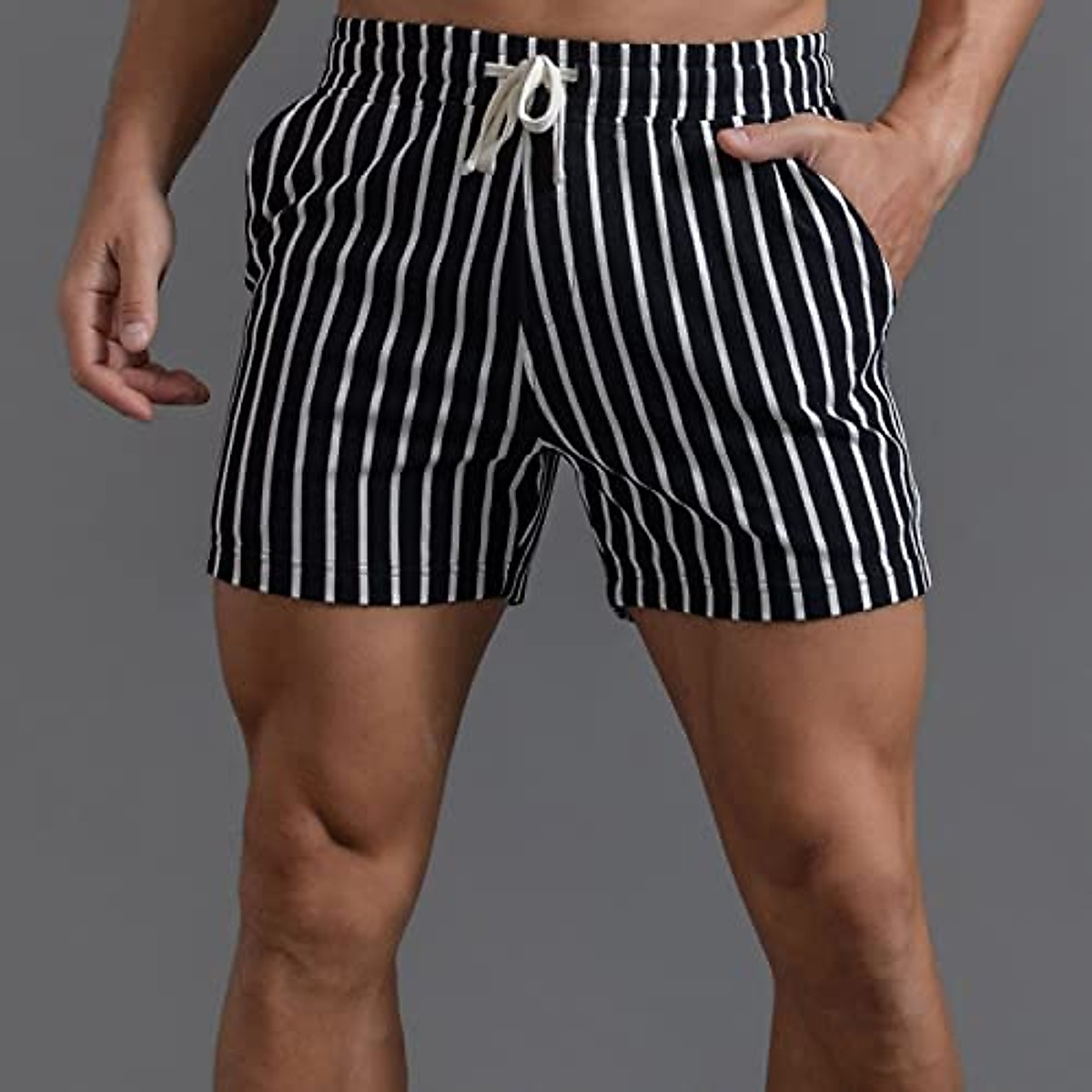 Men's Classic Cargo Stretch Short Mens Summer Solid Color Big Pockets Striped Pants Pocket Drawstring Loose Casual Black