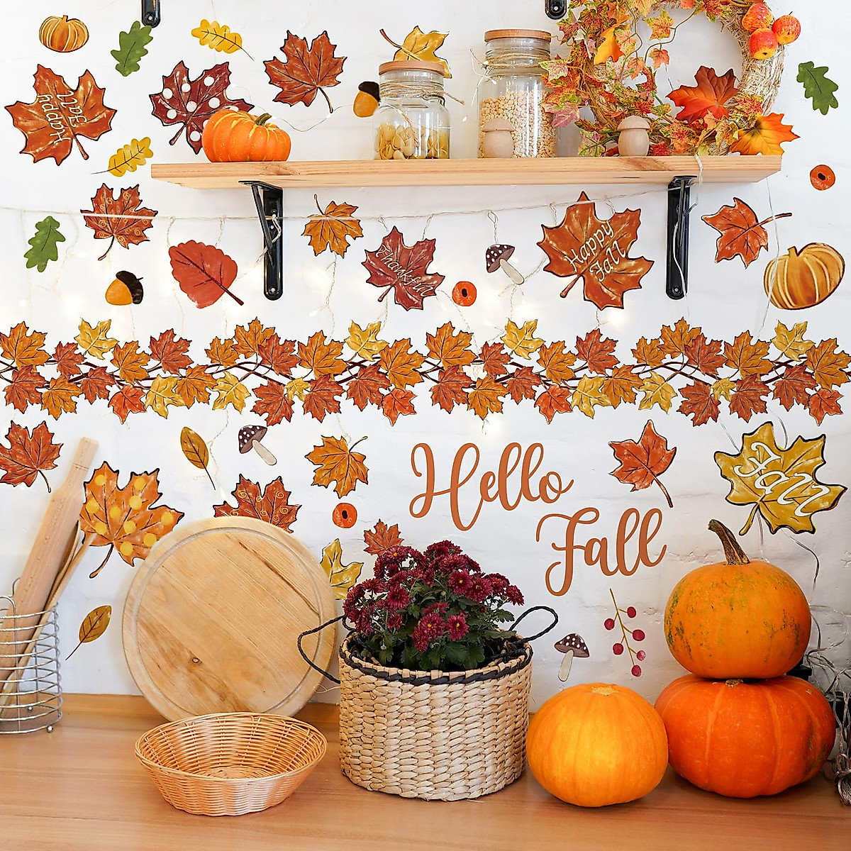JarThenaAMCS 9 Sheet Thanksgiving Wall Stickers Fall Adhesive Oil Painting Maple Leaf Pumpkin Acorn Wall Decals Removable Mural Wall Decor for Home Classroom Autumn Supplies