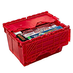 12 Gallon Heavy-Duty Flip Tote Storage Container (PACK OF 6) - Red, Commercial Flip Top Tote, Industrial Plastic Storage Tote - 21 in. L x 15 in. W x 12in. H, Padlock & Metal Hinged Flip Cover