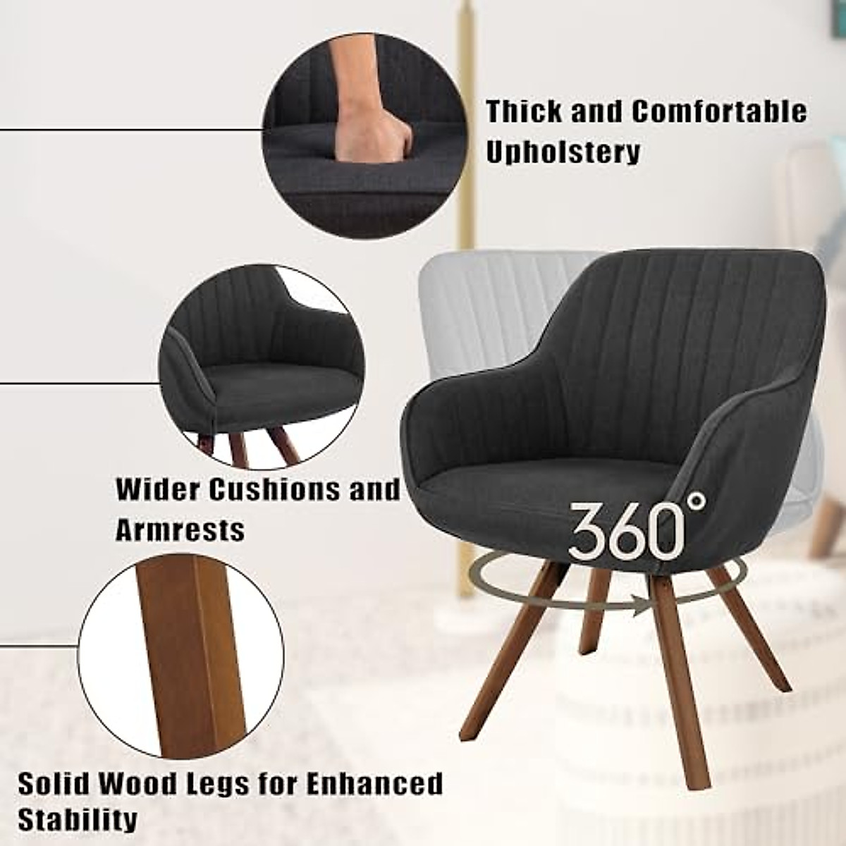 KithKasa Mid Century Modern Desk Chair No Wheels Swivel Accent Home Office Chair with Walnut Color Wood Legs for Living Room, Grey